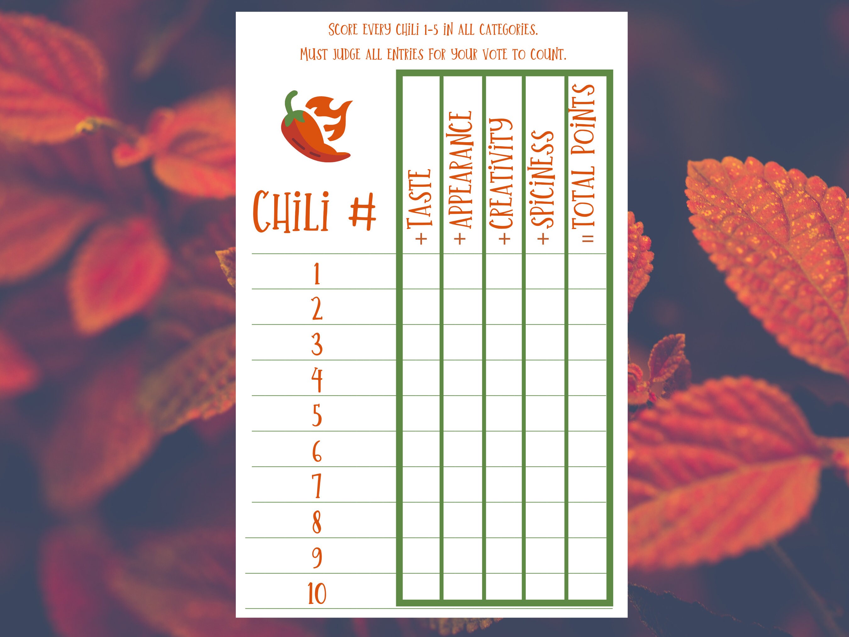 Chili Cook off | Scorecards | Family Activity | Chili Cook off ...