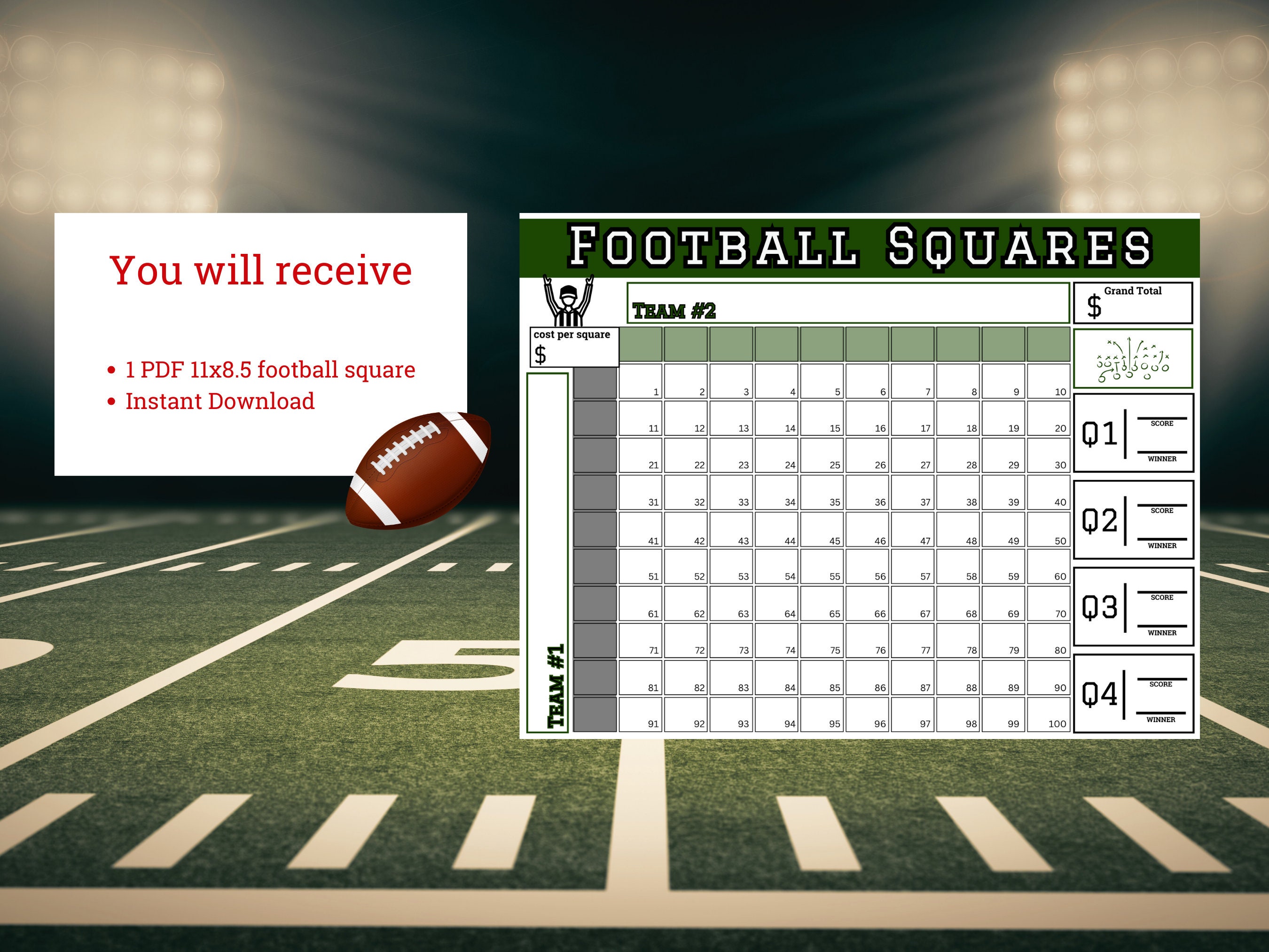 Printable Football Squares, Super Bowl Squares, Football Game, Football ...
