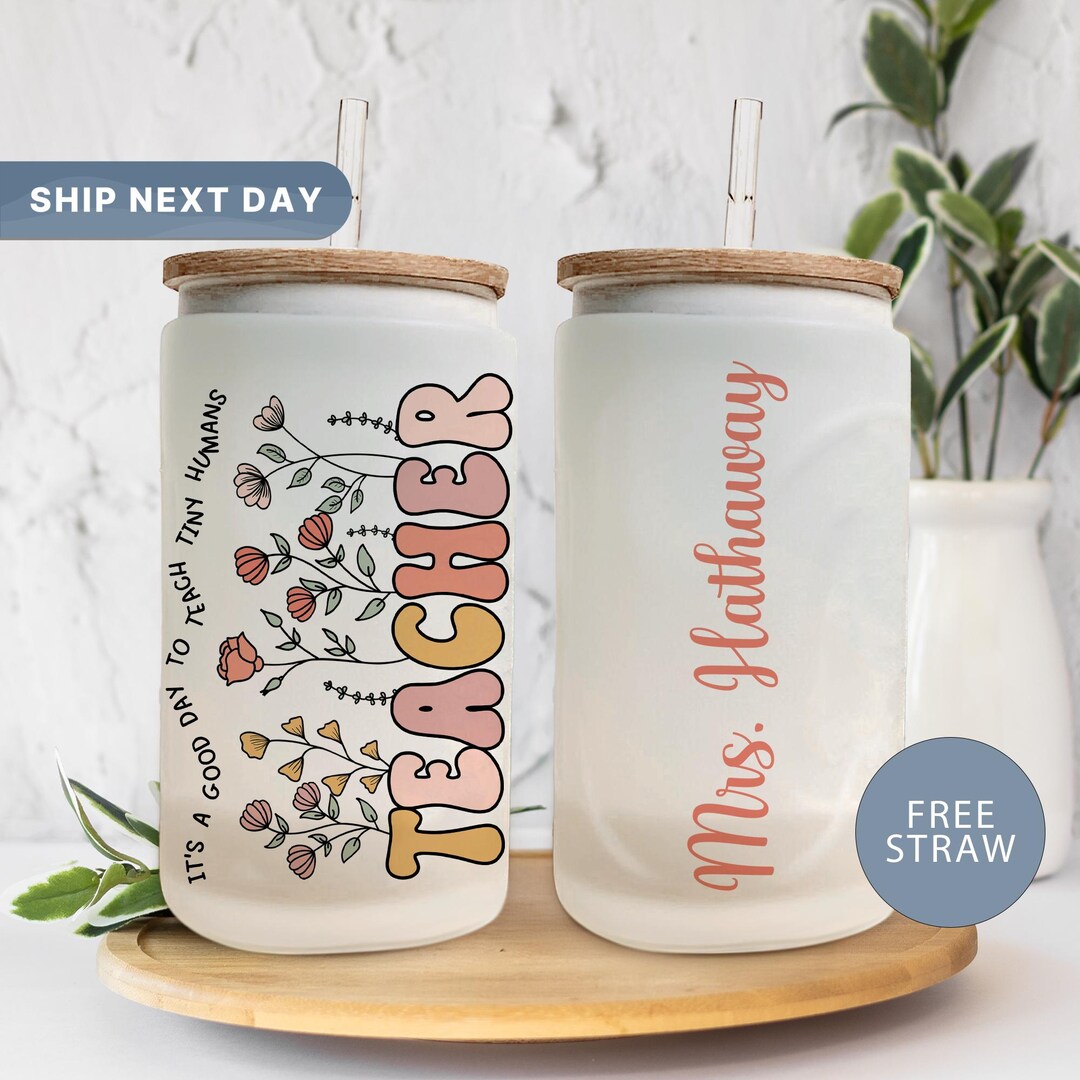 Teacher Glass Cup With Straw, Personalized Teacher Libbey Cup, Women ...