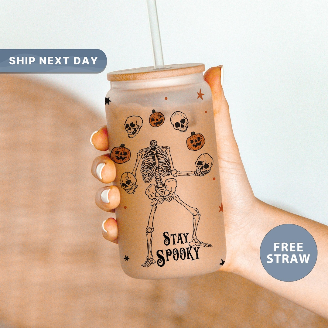 Dancing Skeleton Frosted Glass Can, Stay Spooky Skeleton Cup With Lid ...