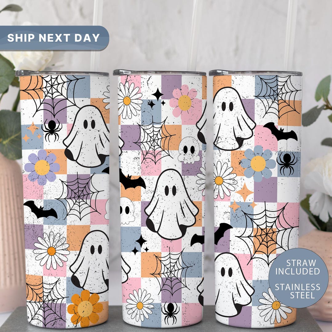Retro Halloween 20oz Tumbler With Straw, Cute Ghosts Daisy Flower ...