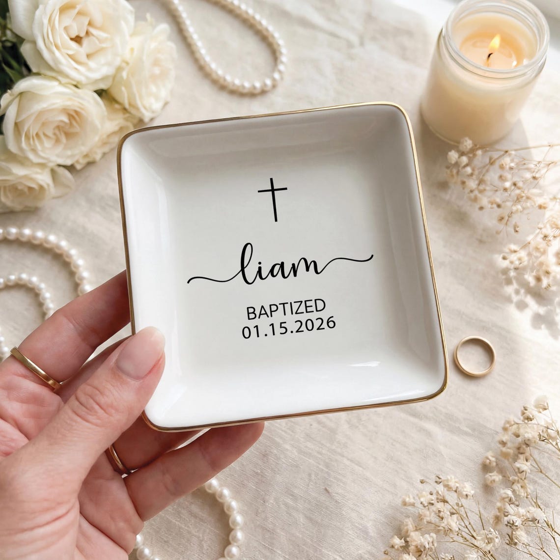 Personalized Baptism Keepsake for Her | Custom Cross Jewelry Dish ...