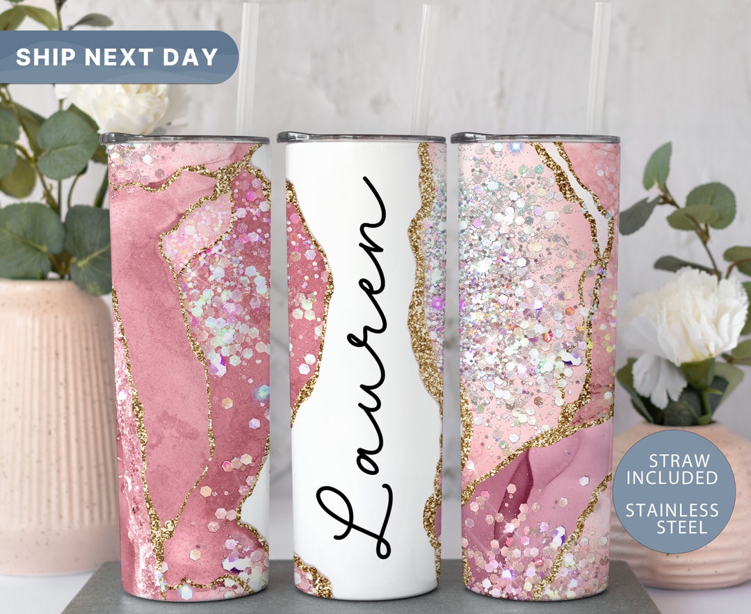 Pink Marble Custom Tumbler, Glitter Tumbler With Straw, Personalized ...