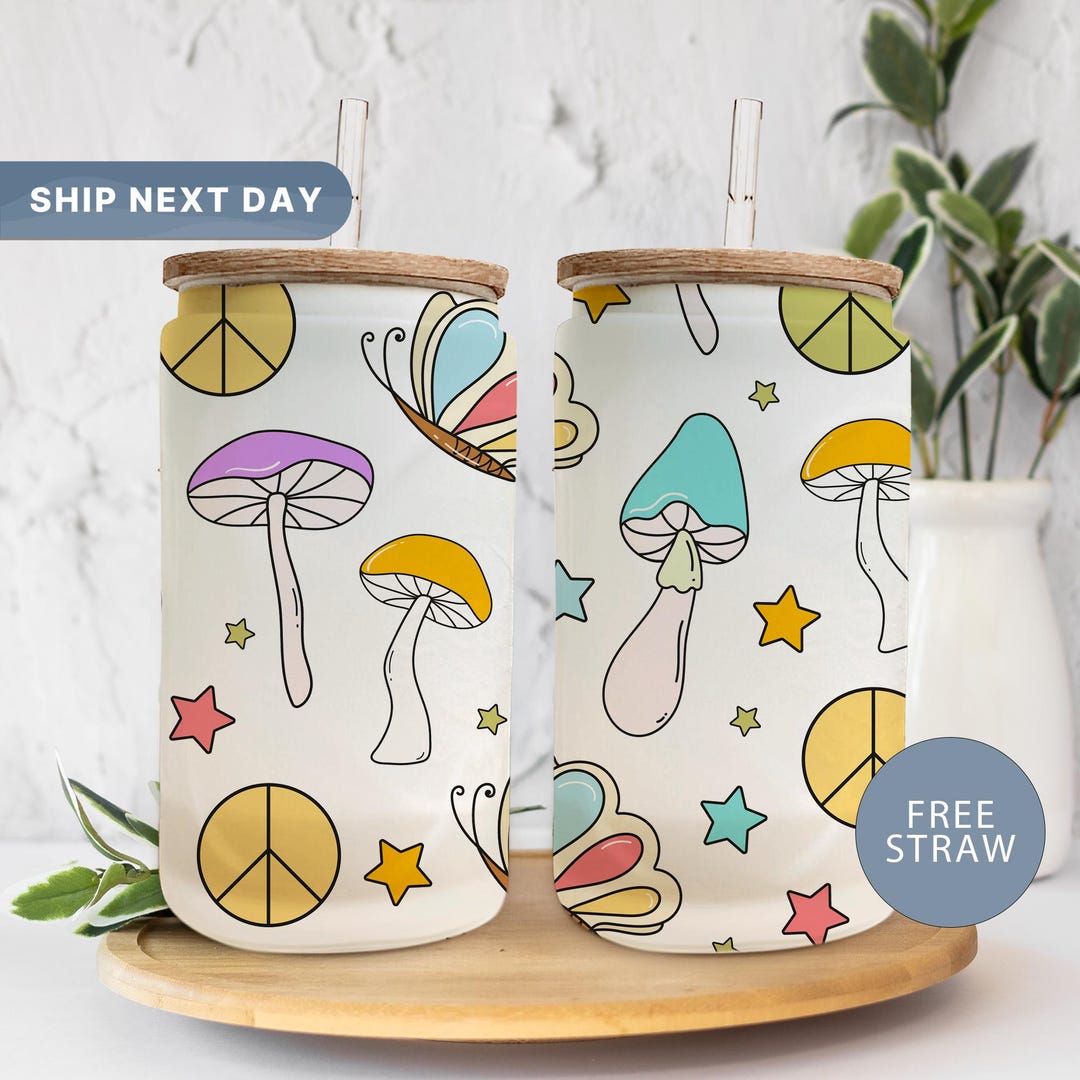Mushroom Libbey Cup, Groovy Travel Glass Coffee Cup, Cute Fall Gift ...