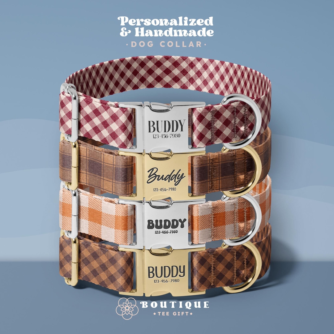 Plaid Custom Engraved Name Dog Collars, Personalized Dog Collar With ...