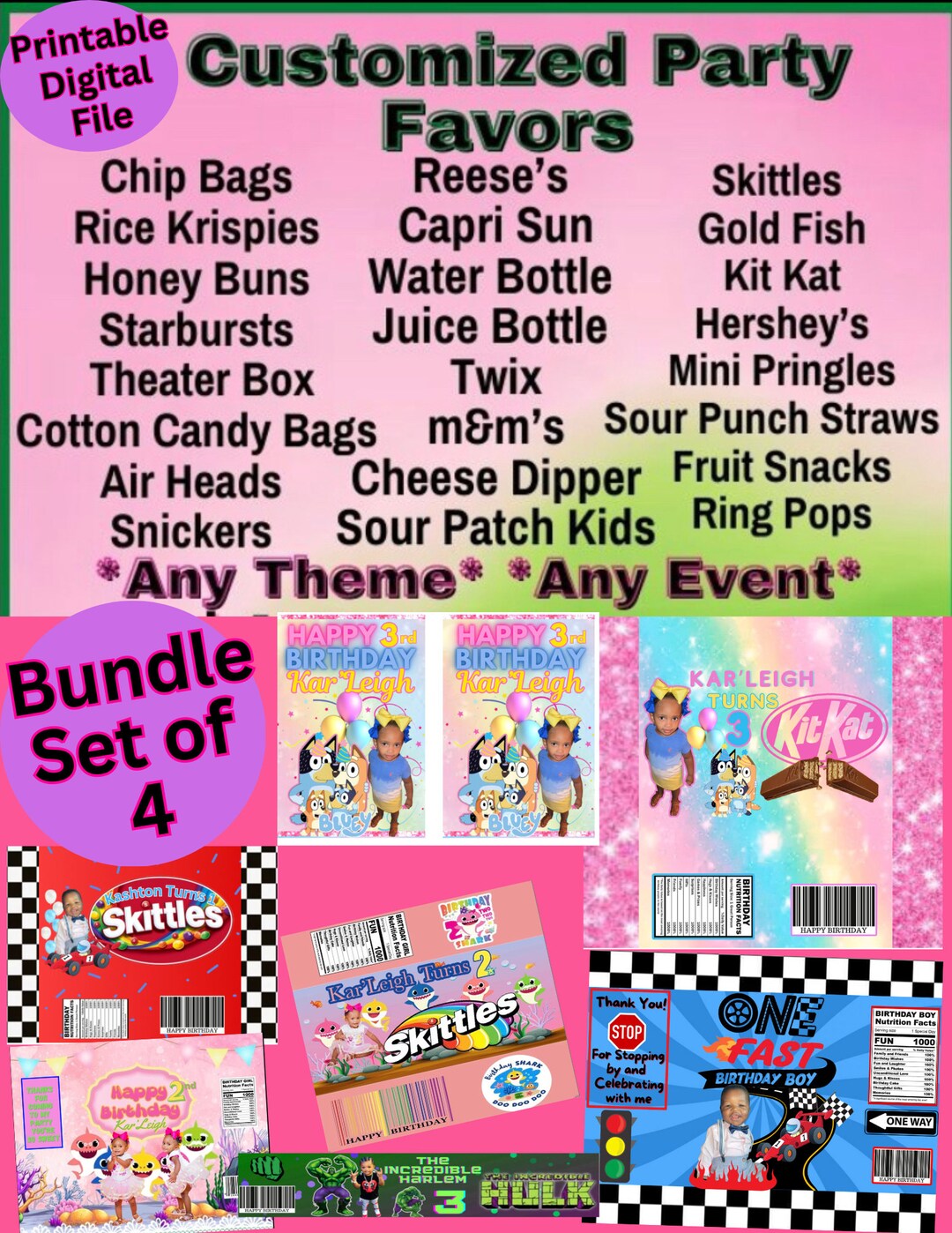 Digital Files Customized Party Bundle, Customized Treats, Custom Bundle ...
