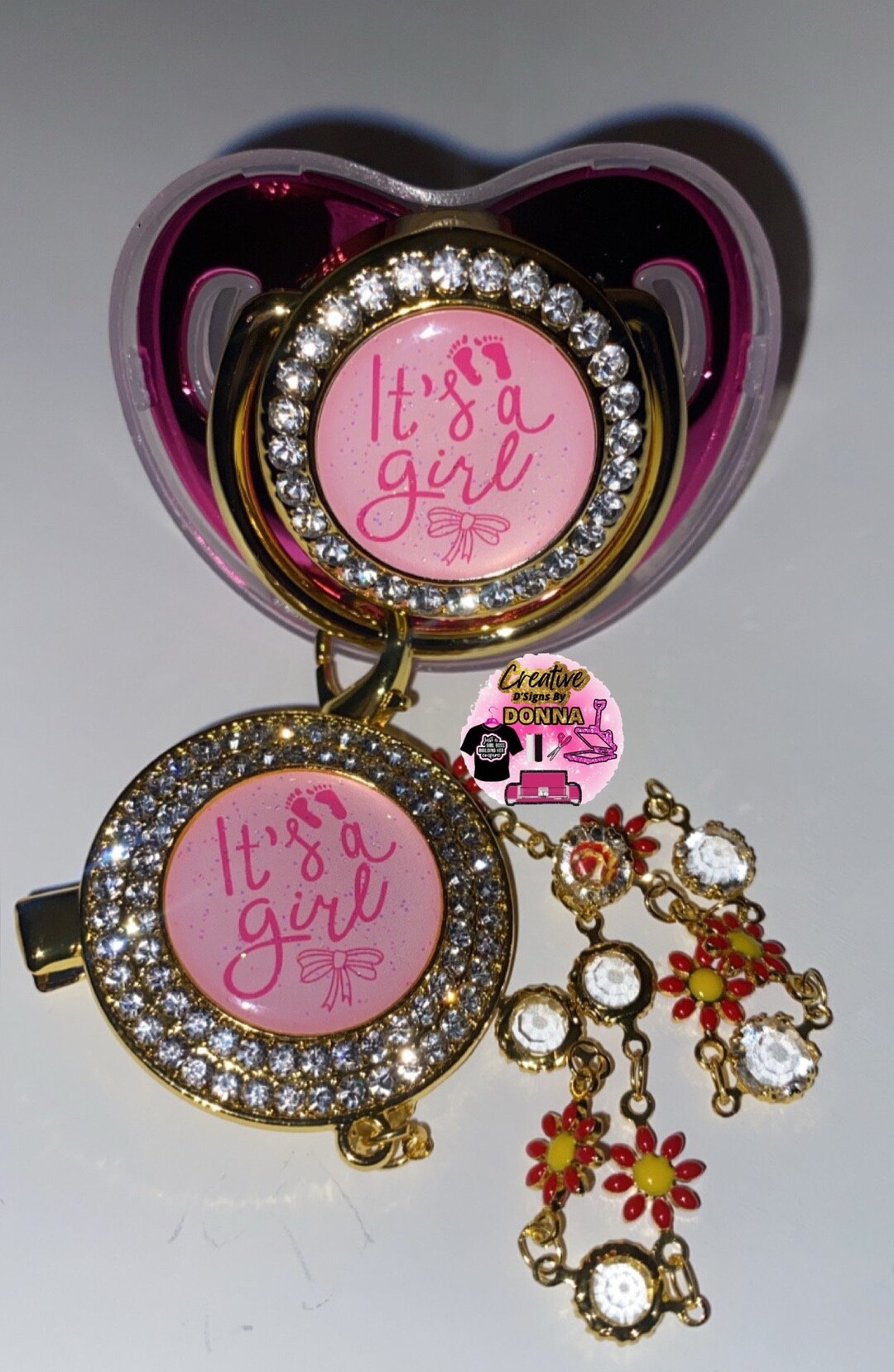 Announcement its a Girl Bling Pacifier and Clip, Prop or Centerpiece ...