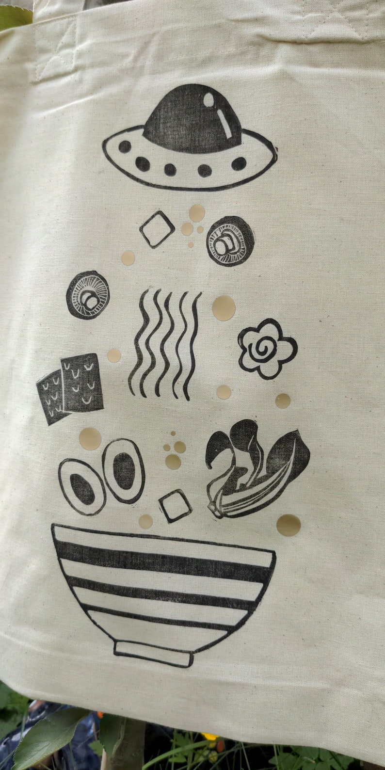 Shopping Bag, Tote Bag, Lino Print, Ramen Motif, Alien Abduction, UFO ...