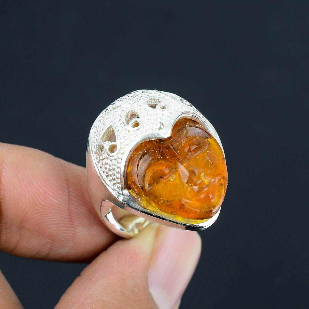 Amber Face Ring, Handmade Ring, Gemstone Ring, 925 Sterling Silver Ring ...