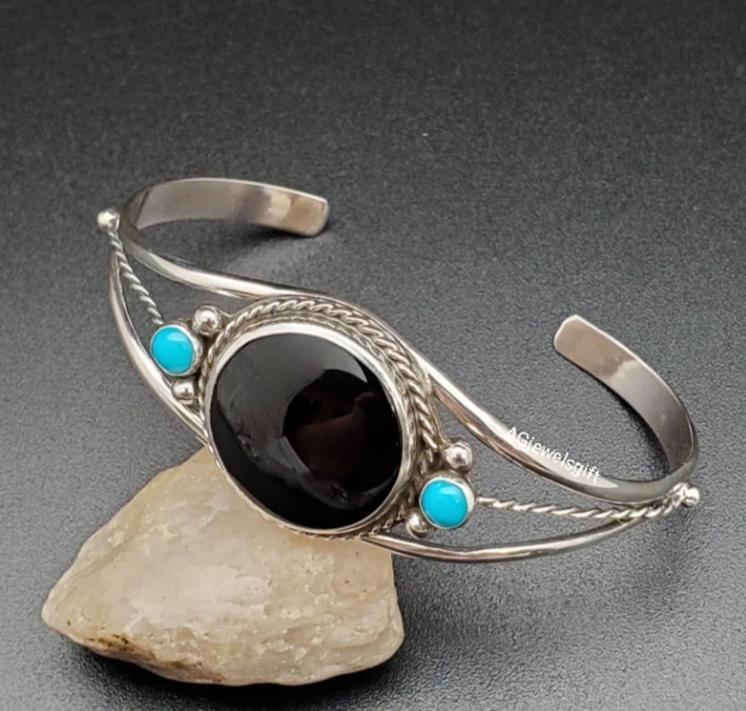 Black Onyx Bangle, Turquoise Bangle, Adjustable Bangle, 925 Silver ...
