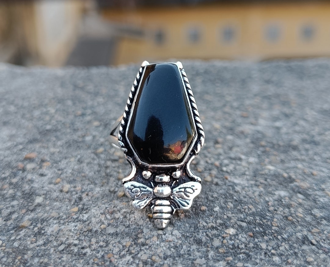 Black Onyx Gemstone Bee Coffin Ring, 925 Silver Ring. Handmade Ring ...
