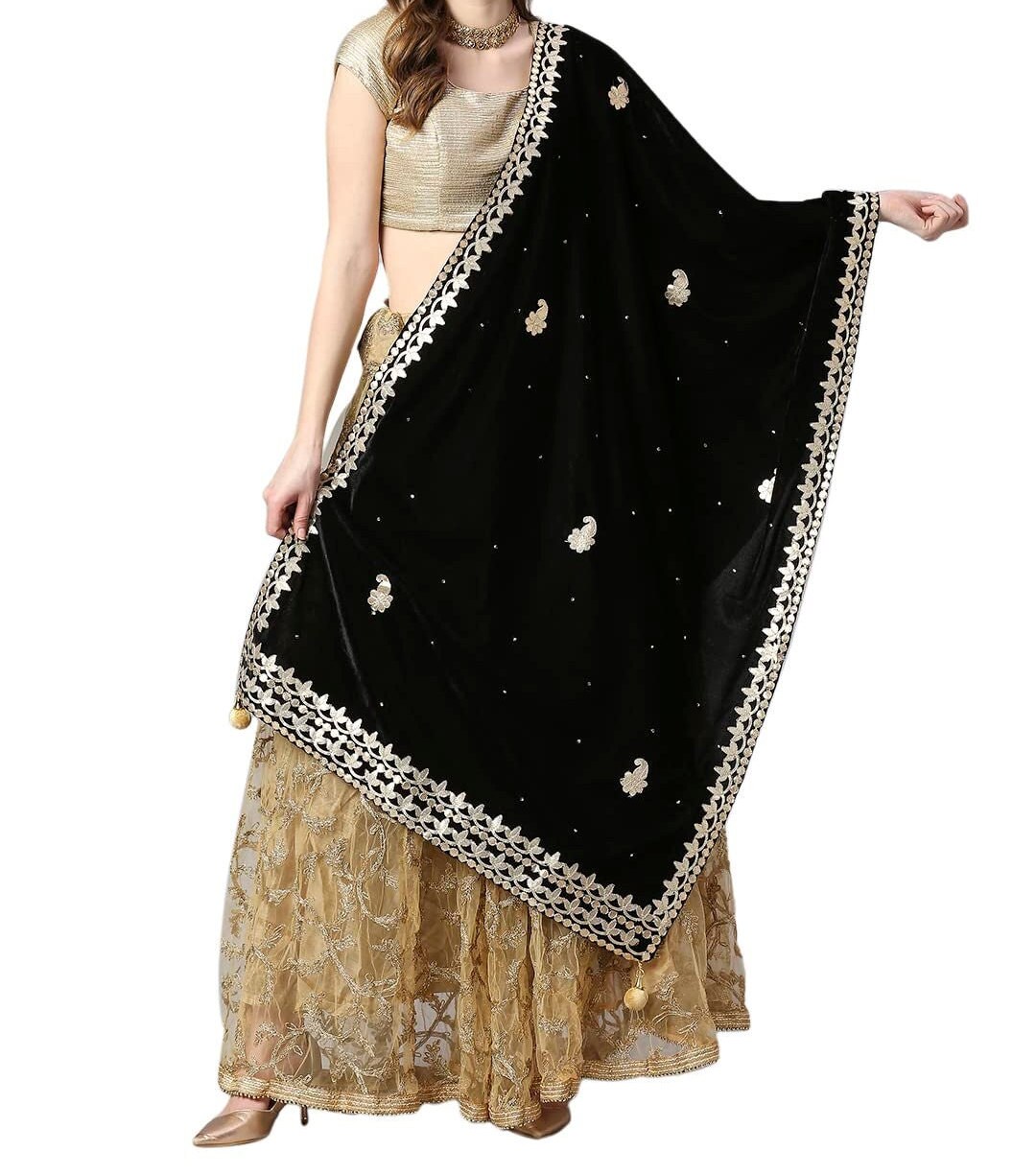 Black & Gold-toned Ethnic Motifs Embroidered Velvet Dupatta/chunni With ...