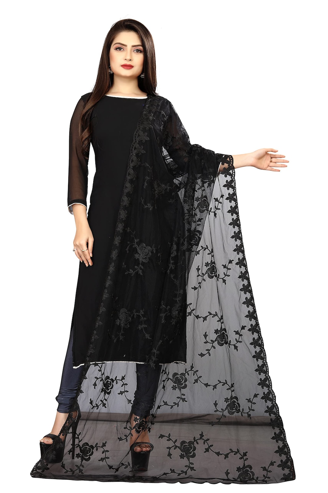 Women's Nylon Net Embroidered Dupatta/chunni Color-black Free Shipping ...