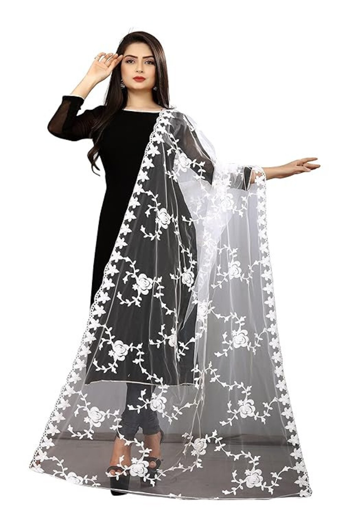 Women's White Embroidered Net Stole/ Dupatta, Bridal Fabric, Saree ...