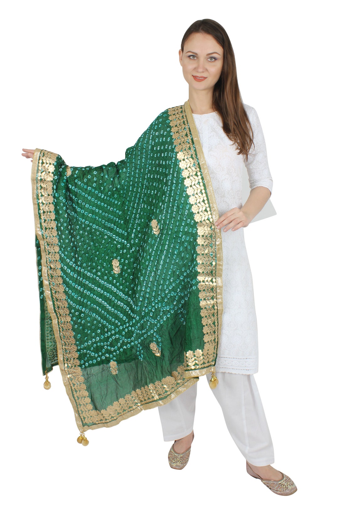 Green & Gold-toned Bandhani Tie and Dye Dupatta Free Shipping - Etsy