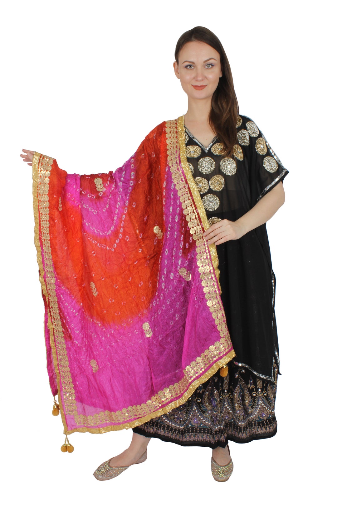 Women's Pink & Red Bandhani Gotta Patti Silk Dupatta/chunni Free ...