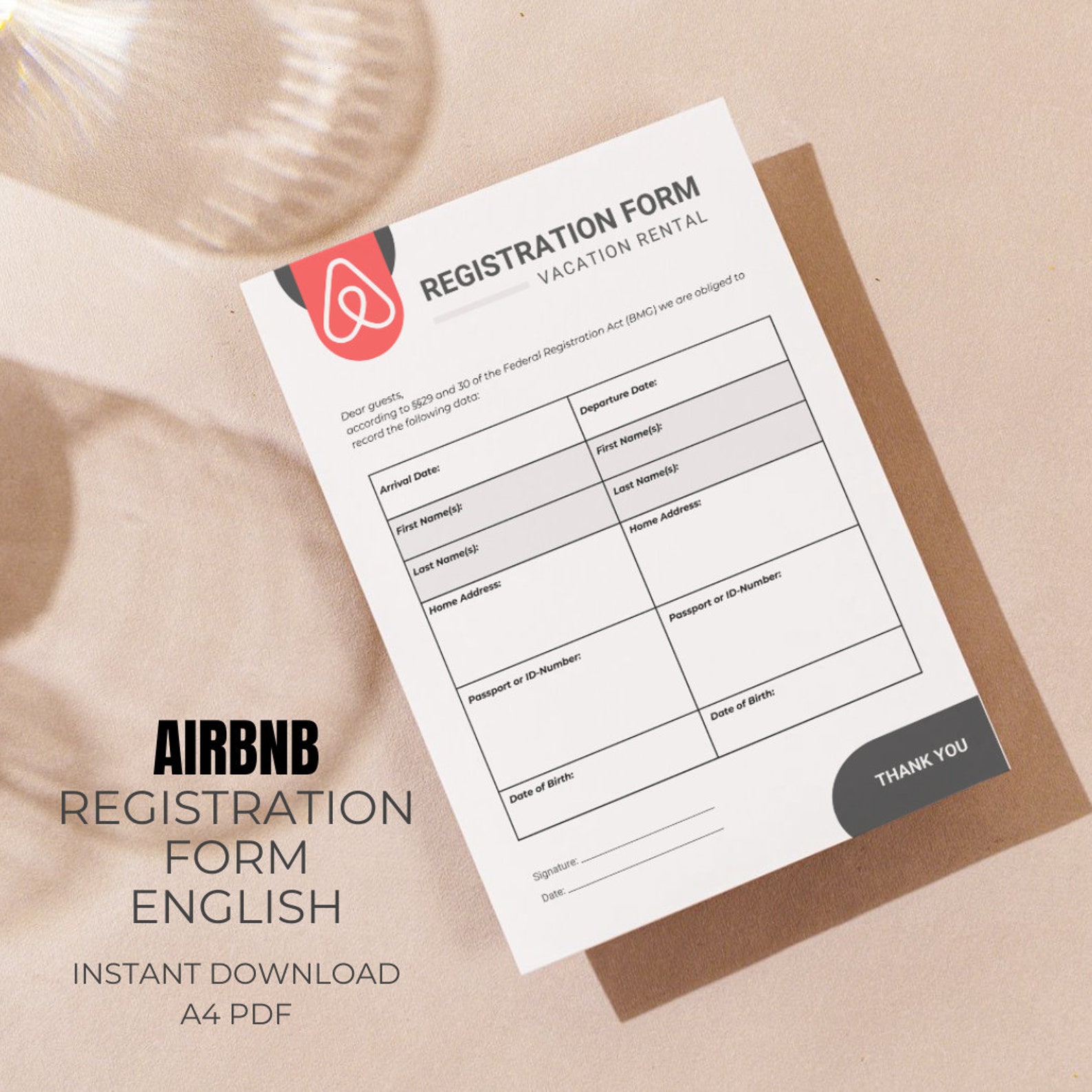 Airbnb Registration Form for 2 Guests | Apartment Registration Form for ...