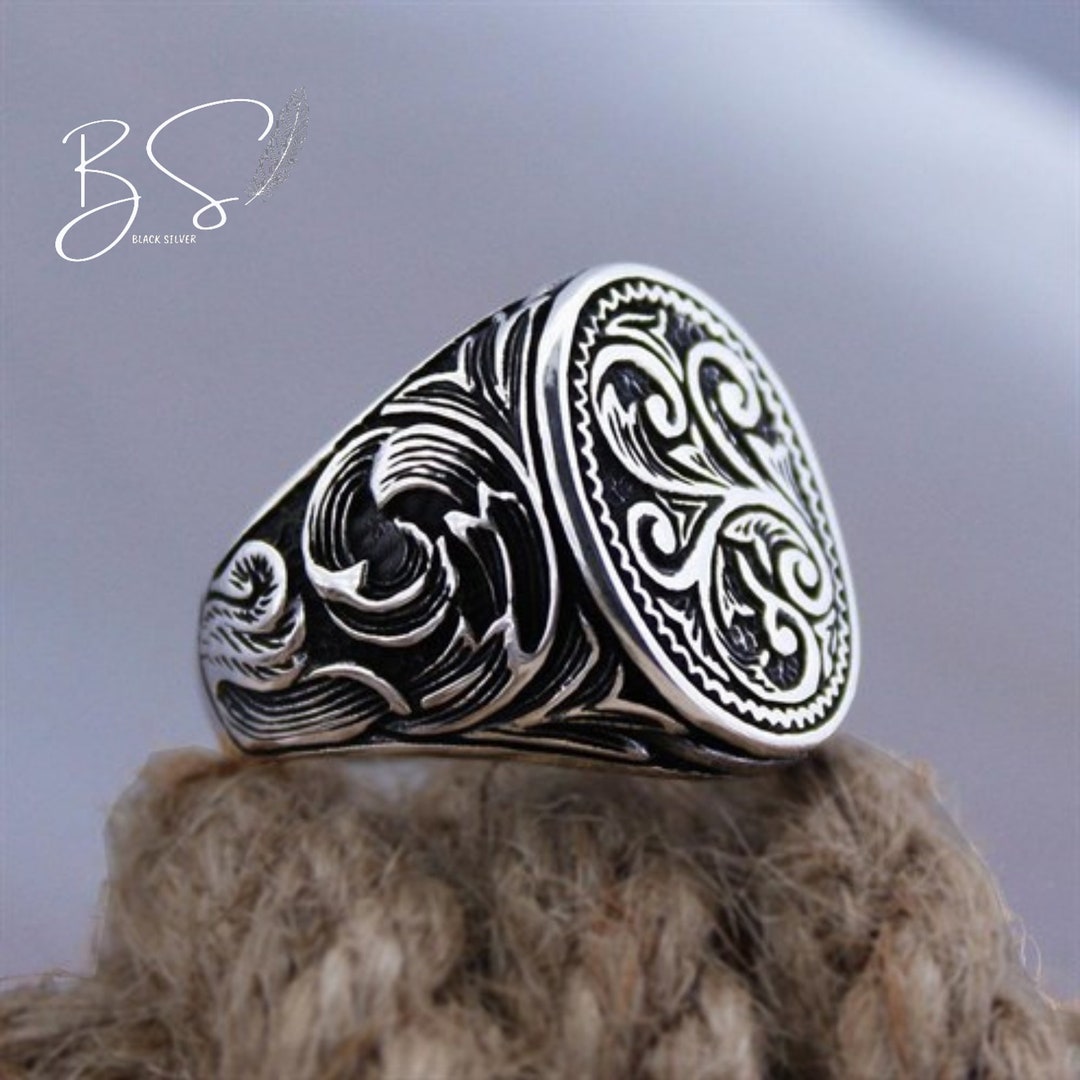 Sterling Silver Vintage Man Ring, Floral Engraved Ring, Men Silver ...