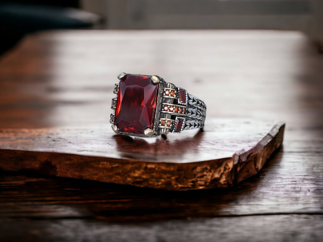 Edwardian Ring Men, Red Stone Ring, Large Gemstone Ring, Unique Mens ...