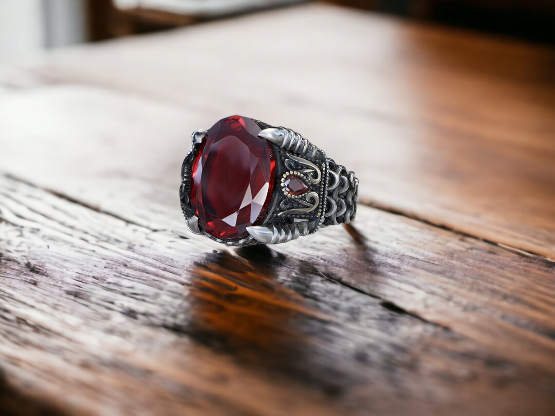 Vintage Red Zircon Ring, Engraved Men Ring, Red Stone Ring, Handmade ...