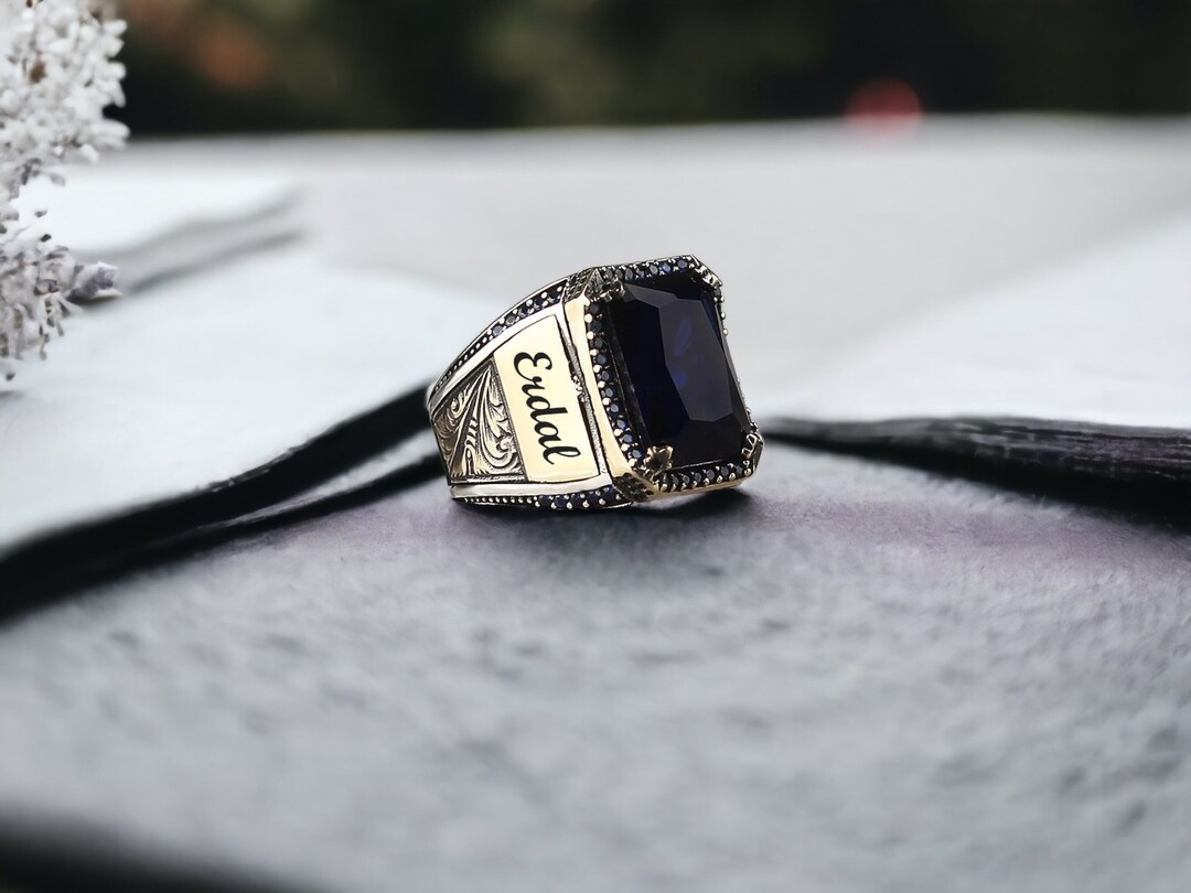 Personalized Script Name Ring, Black Stone Men Ring, Men Pinky Ring ...