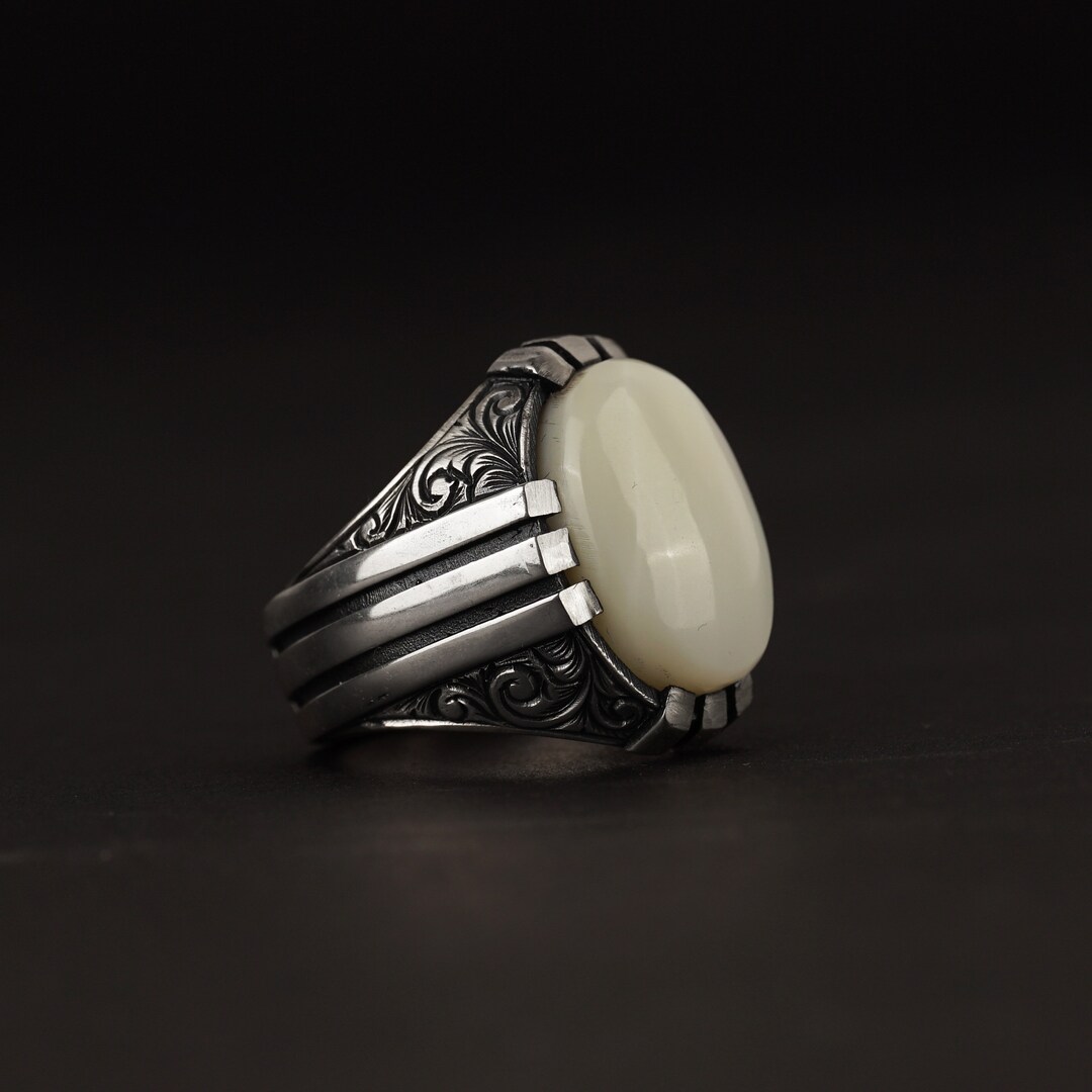 Mother of Pearl Stone Ring for Men, Silver Signet Ring, Ancient Ottoman ...