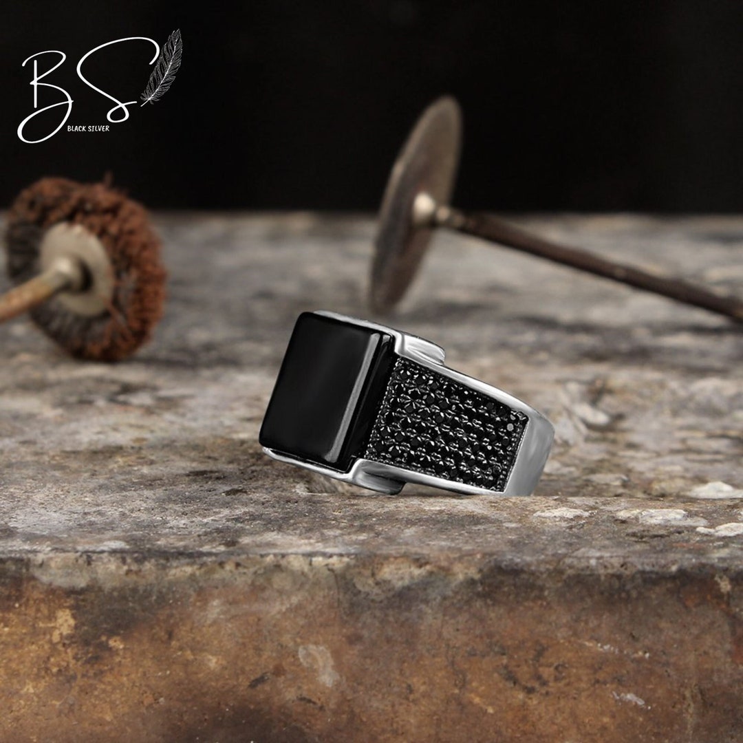 Square Onyx Ring for Men Mens Black Onyx Silver Ring Onyx - Etsy