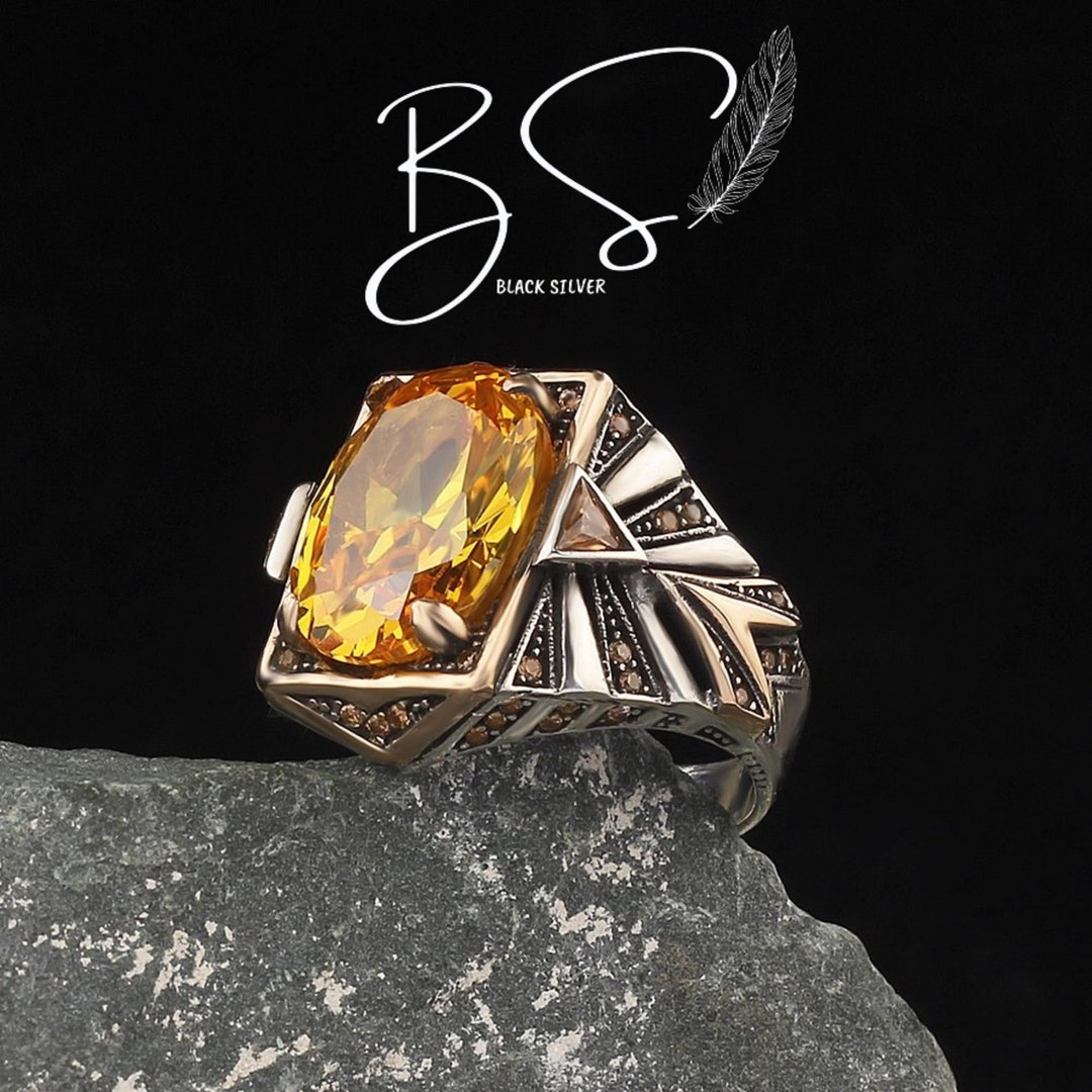 925 Sterling Silver Citrine Ring, Citrine Signet Ring, Engraved Men ...