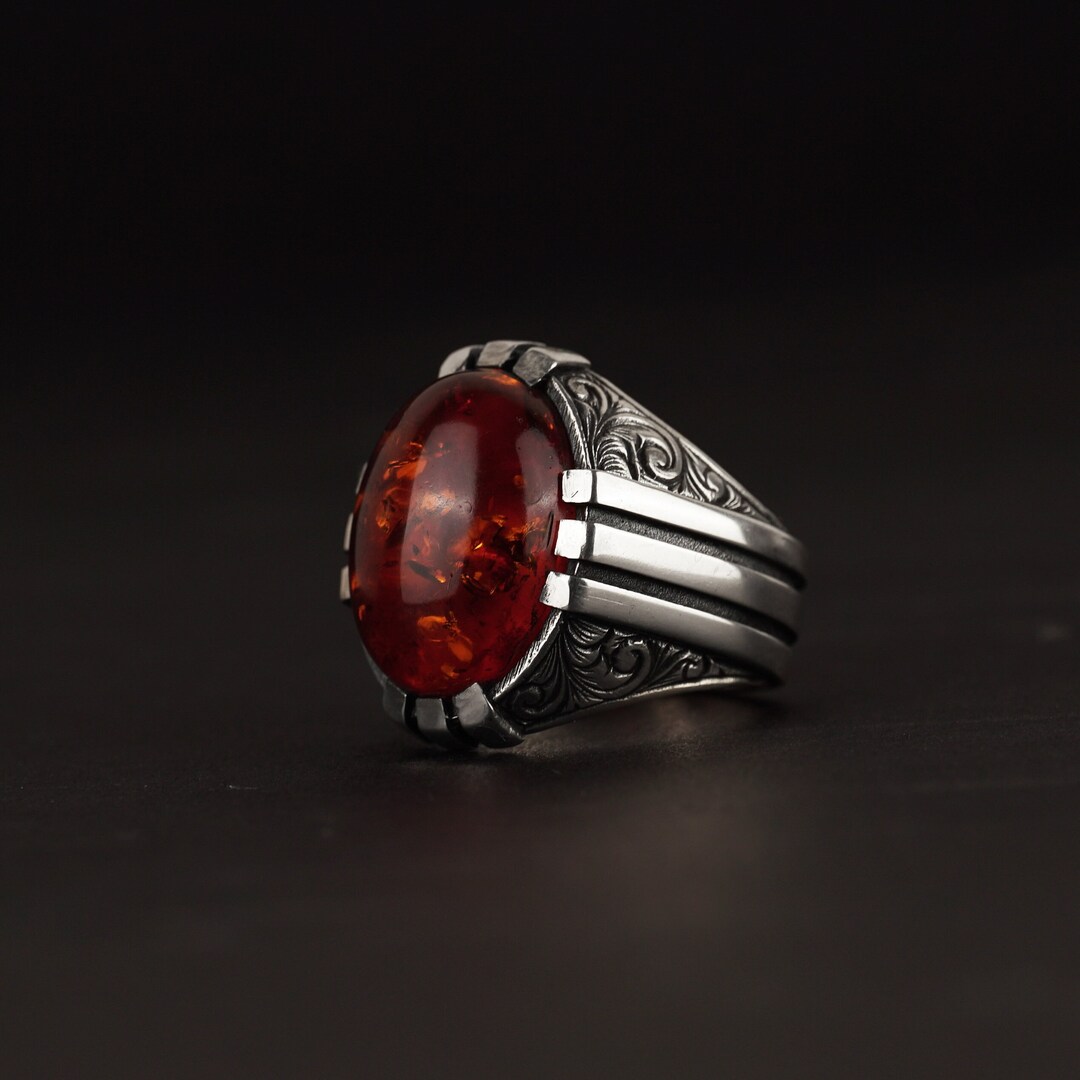 Fire Amber Silver Ring for Men, Unique Design Men Ring, Amber Jewelry, Large Stone Ring, Gift ...