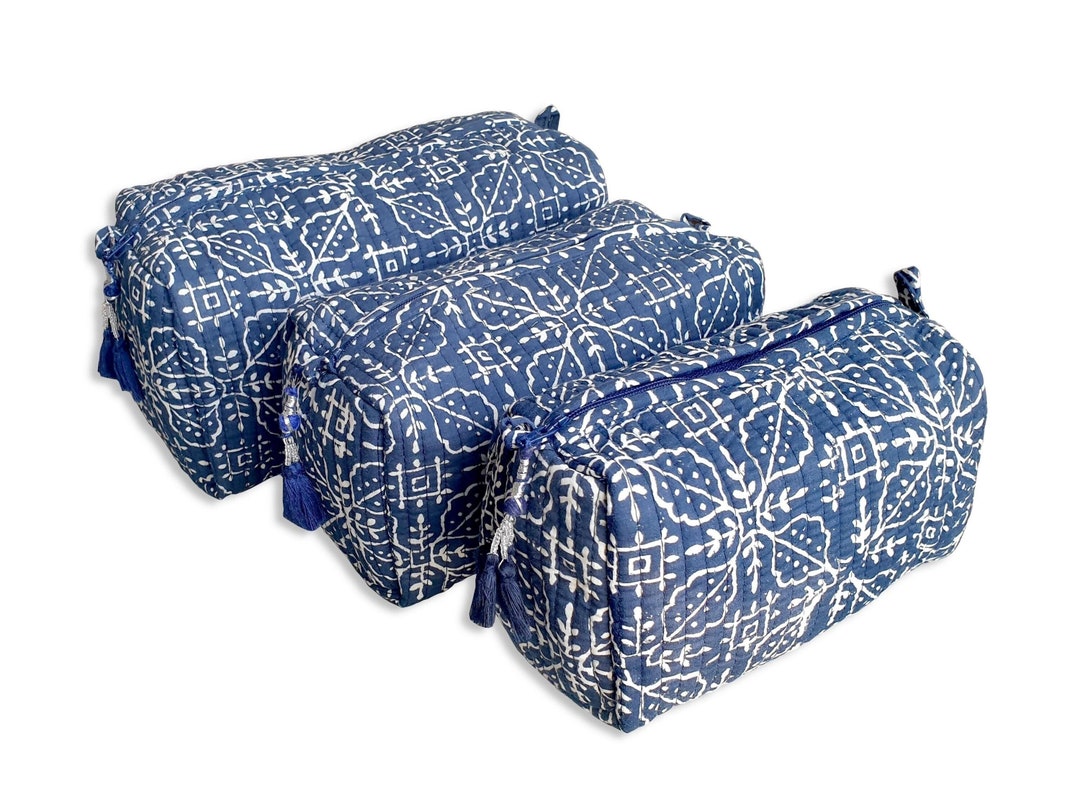 Hand Block Print Toiletry Bag Soft Pure Cotton Quilted Wash Bag Indigo ...