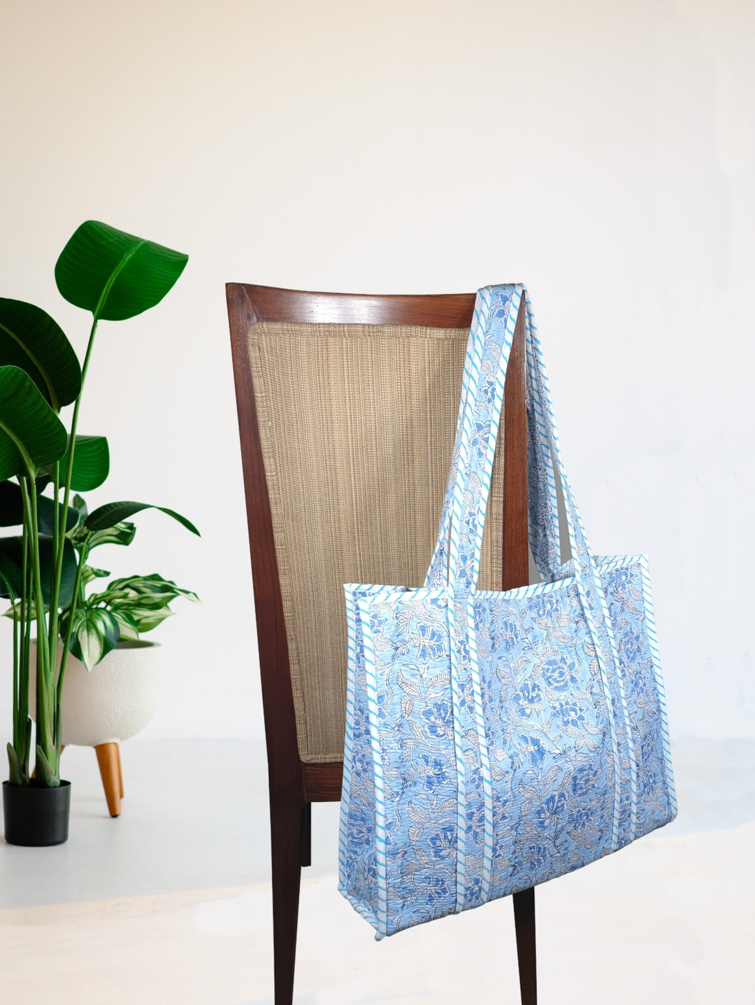 Quilted Tote Bag Chic Blue Beach Bag Hand Block Print Tote Bag Oversize ...
