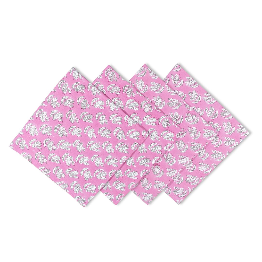 Cute Pink Hand Block Printed Table Napkins Fun, Feminine Floral Cotton ...