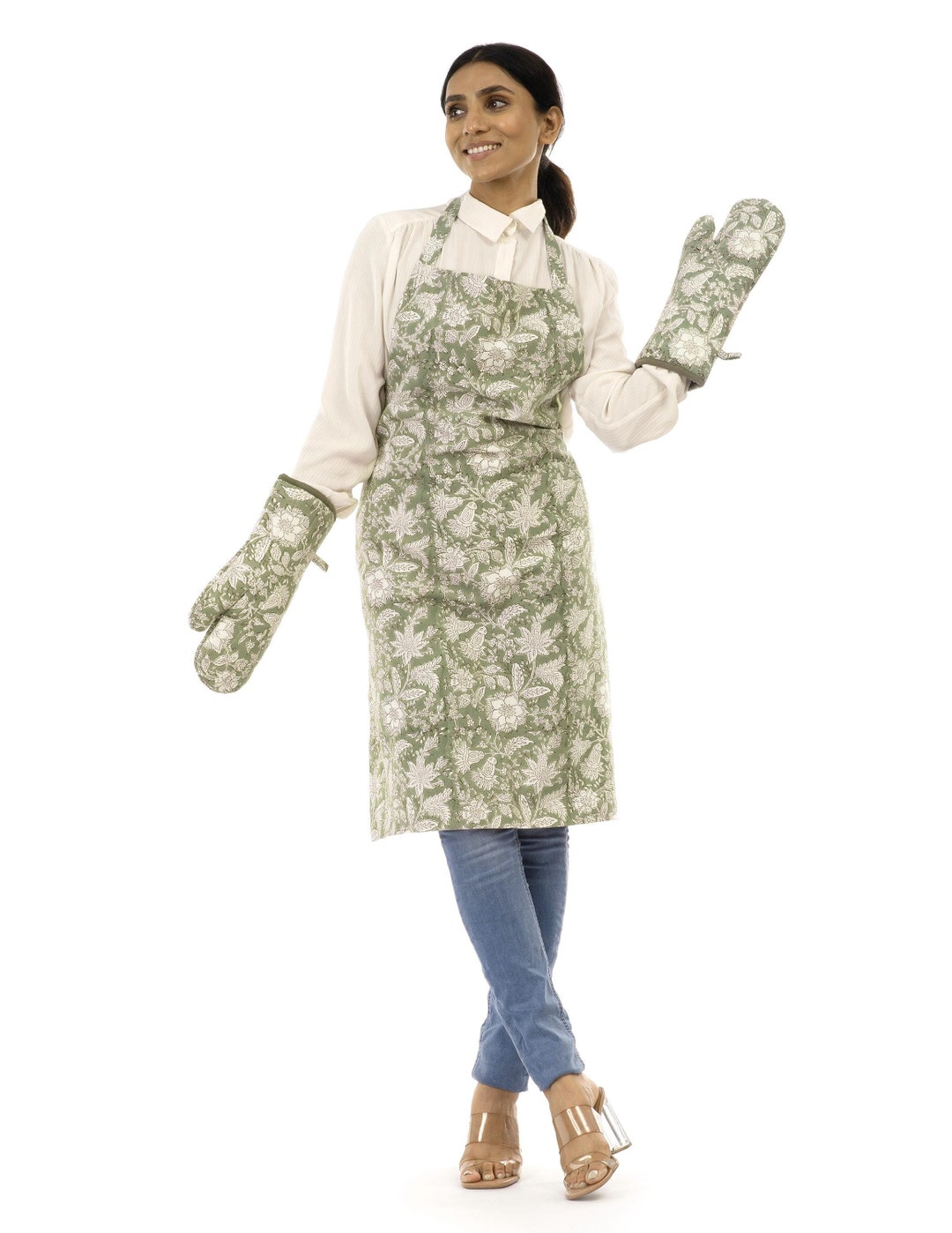 Apron: Hand Block Print, Chic Floral Olive Green, Thick Organic Cotton ...
