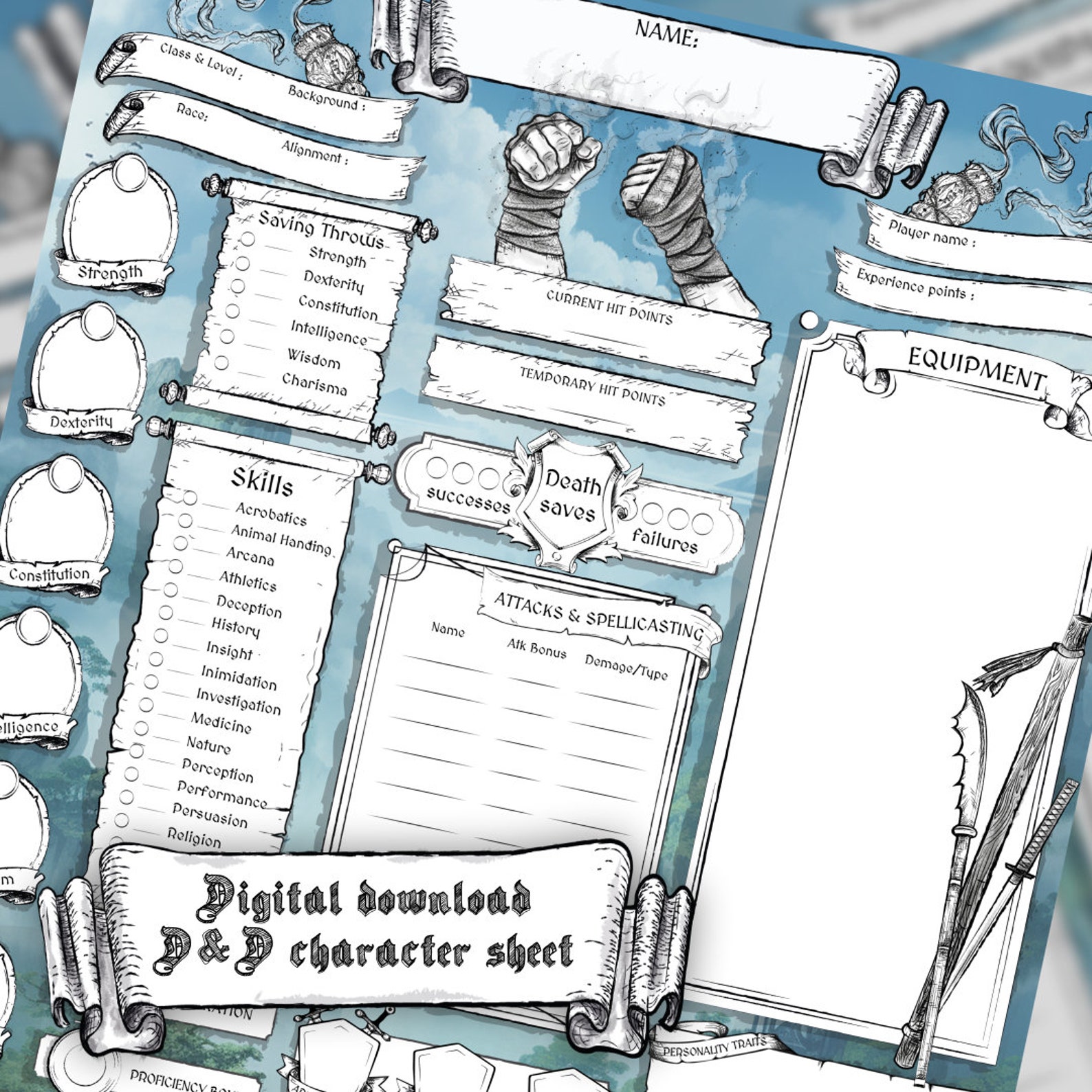 Dnd 5e Character Sheet Monk Printable and Fillable PDF D&D 5e Monk Stat ...