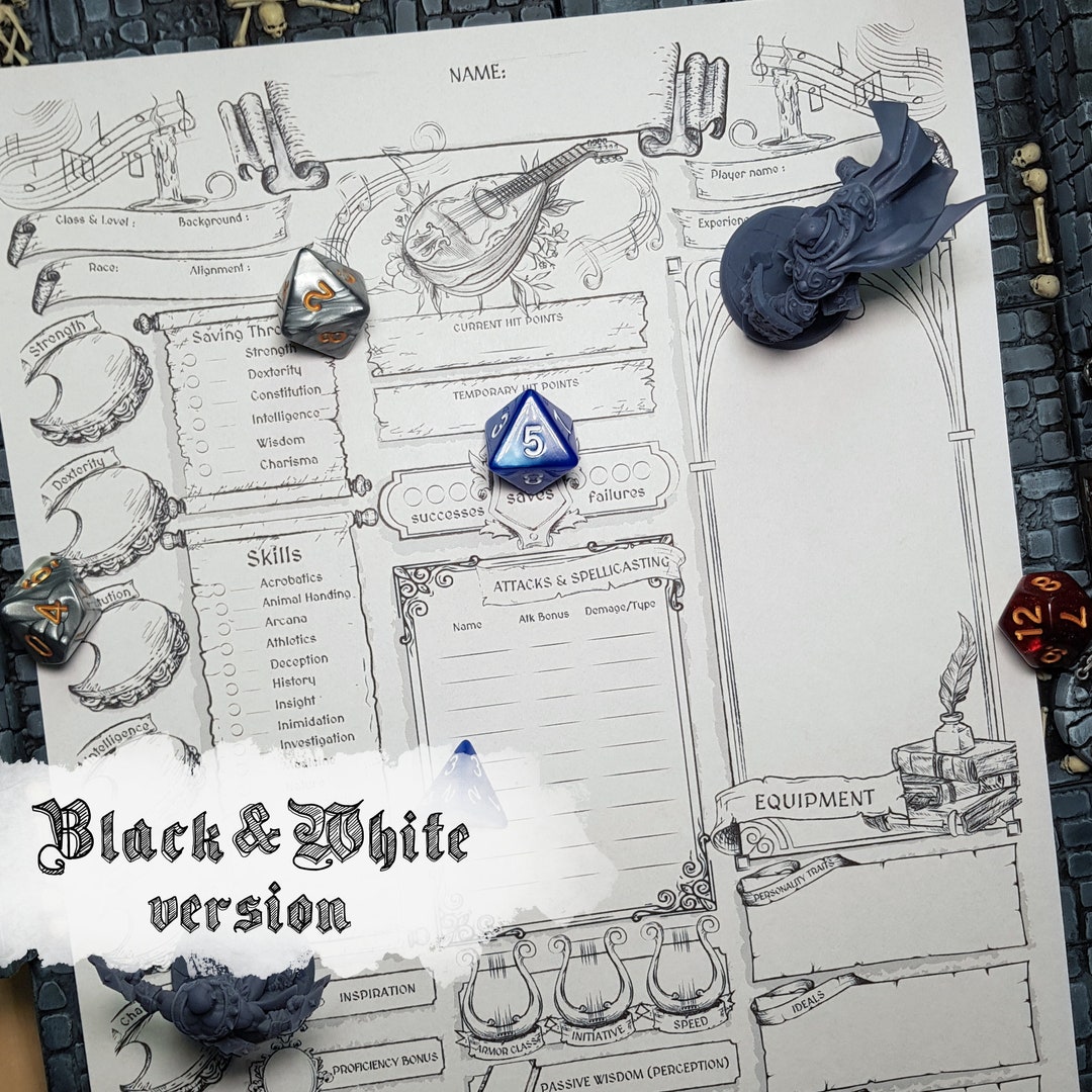 Dnd 5e Character Sheet Bard Printable and Fillable PDF D&D 5e Bard Stat ...