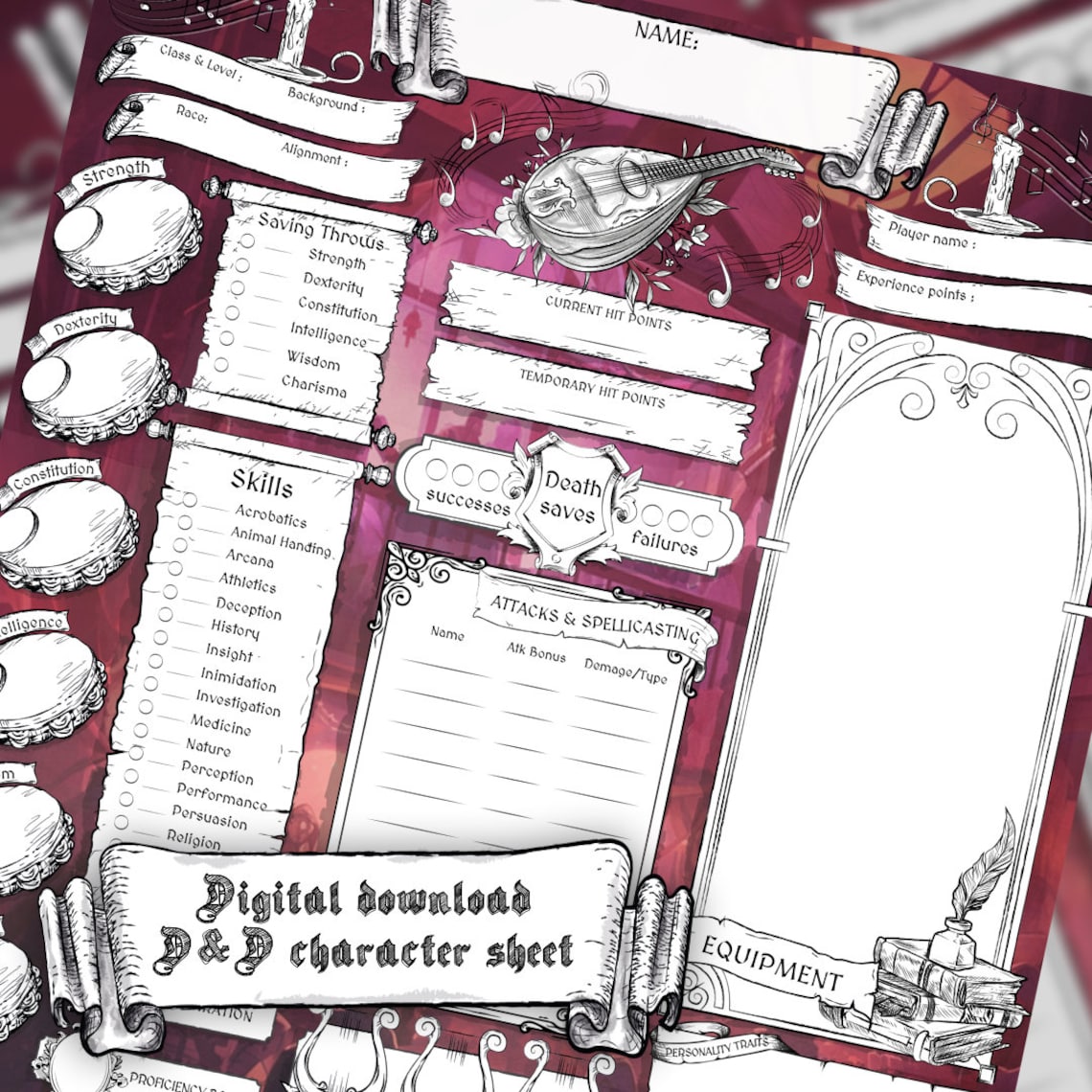 Dnd 5e Character Sheet Bard Printable and Fillable PDF D&D 5e - Etsy