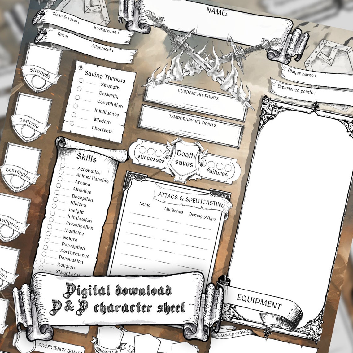 Dnd 5e Character Sheet Fighter Printable and Fillable PDF D&D 5e Fighter Stat Sheet Dungeon and ...