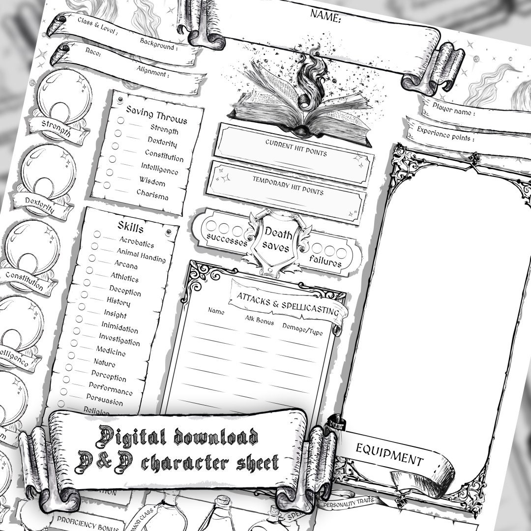 Dnd 5e Character Sheet Wizard Printable and Fillable PDF D&D 5e Wizard Stat Sheet Dungeon and ...