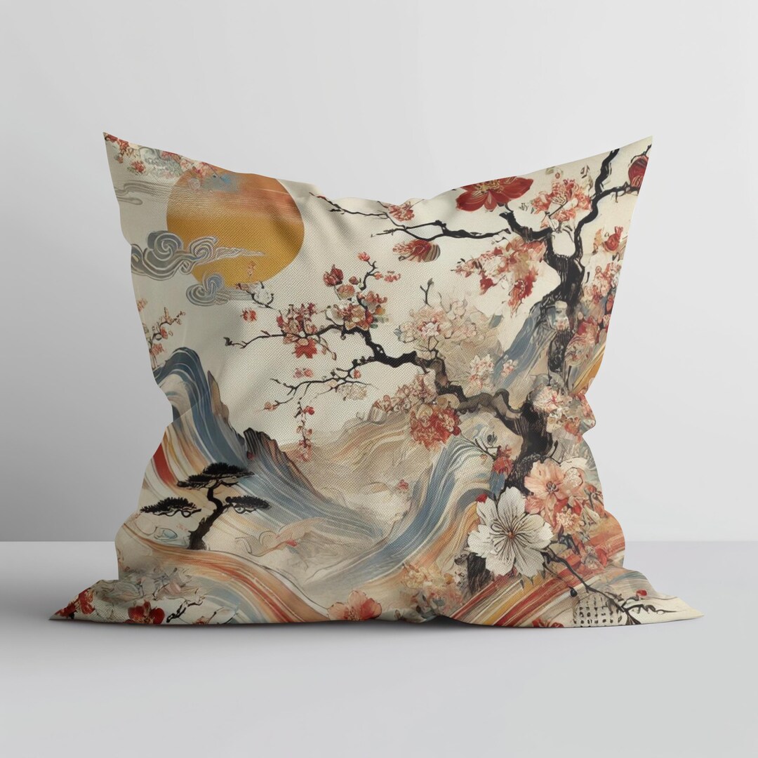 Asia Spirit Square Pillow, Cherry Blossom Moon Decorative Cushion ...