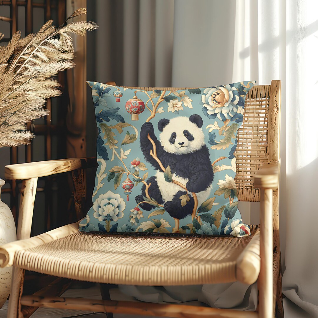 Pillow, Asian Inspired William Morris Design With Panda, Home Decor ...