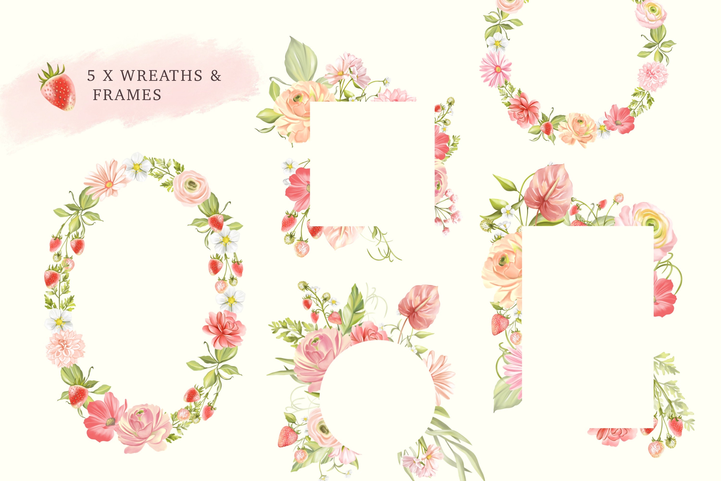 Strawberry Pink Flower Design Bundle, Strawberry Clipart, Strawberry ...