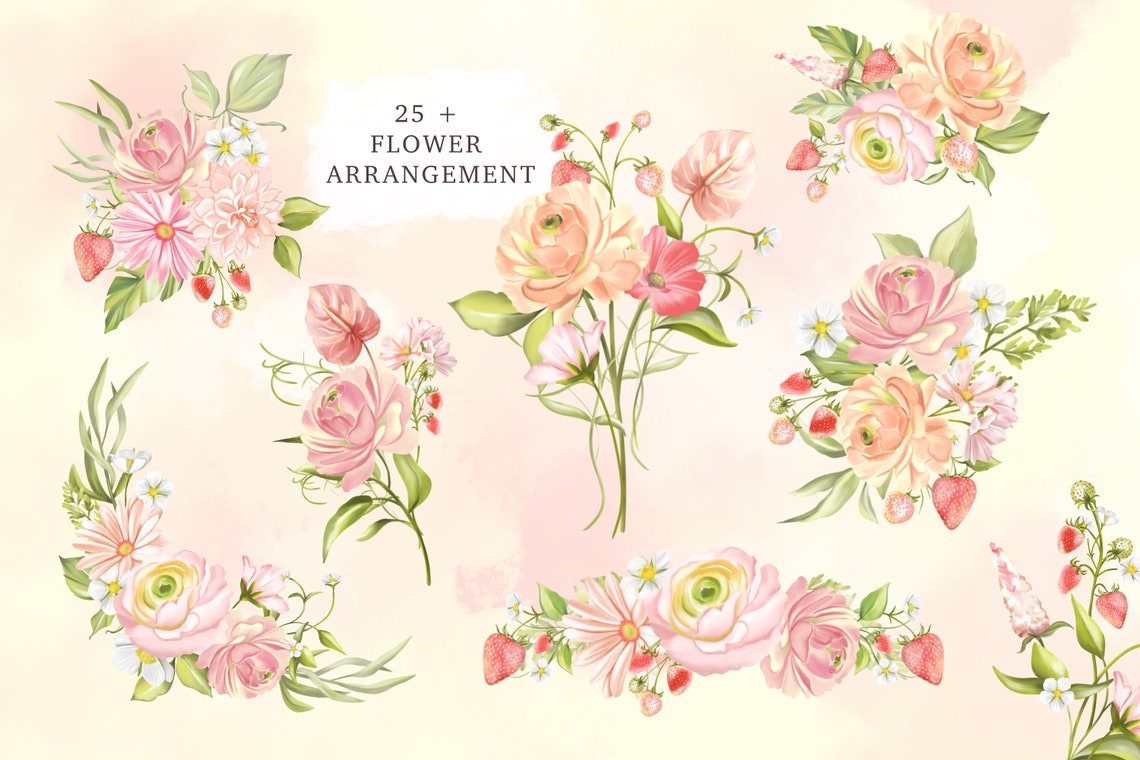 Strawberry Pink Flower Design Bundle, Strawberry Clipart, Strawberry ...