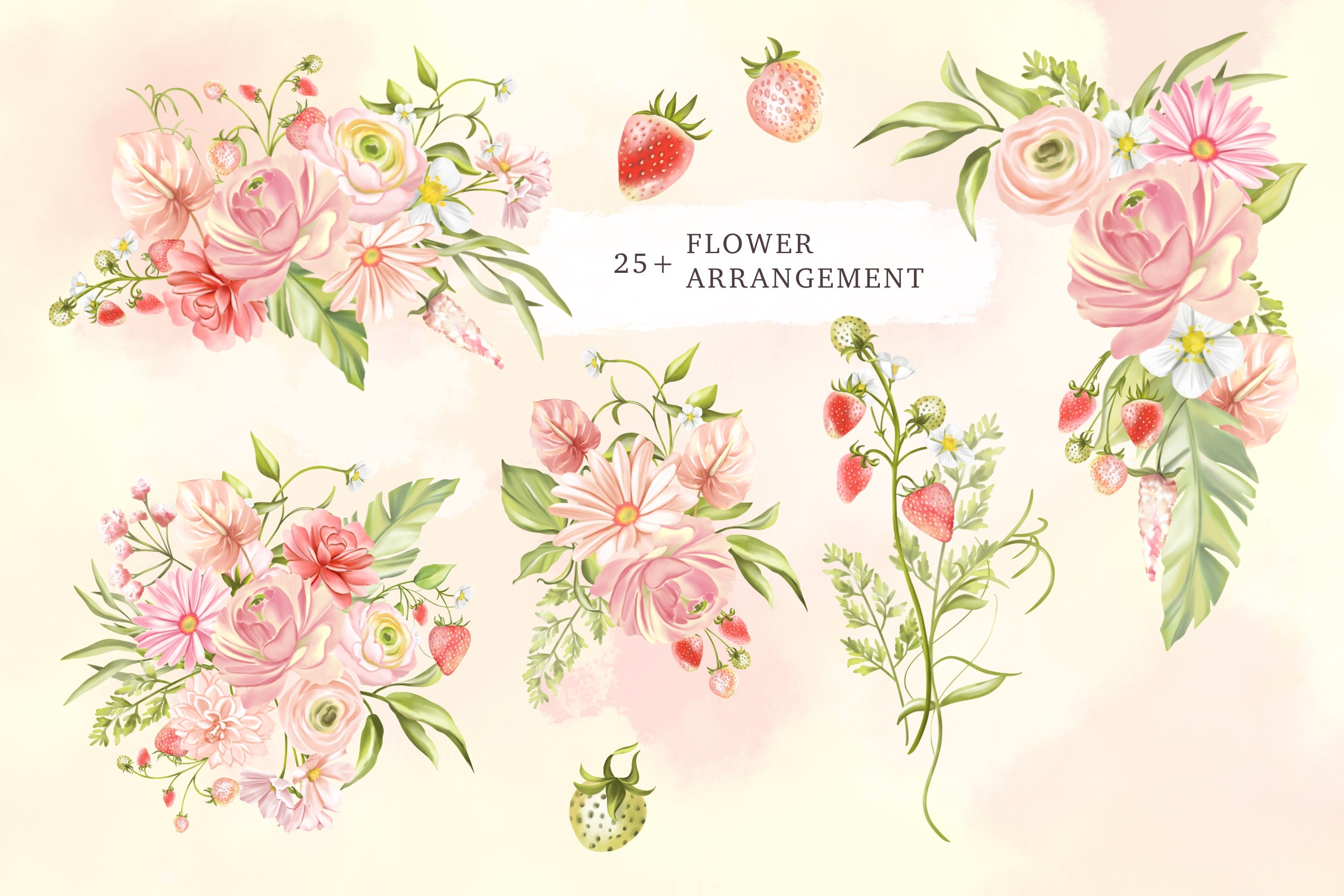 Strawberry Pink Flower Design Bundle, Strawberry Clipart, Strawberry ...