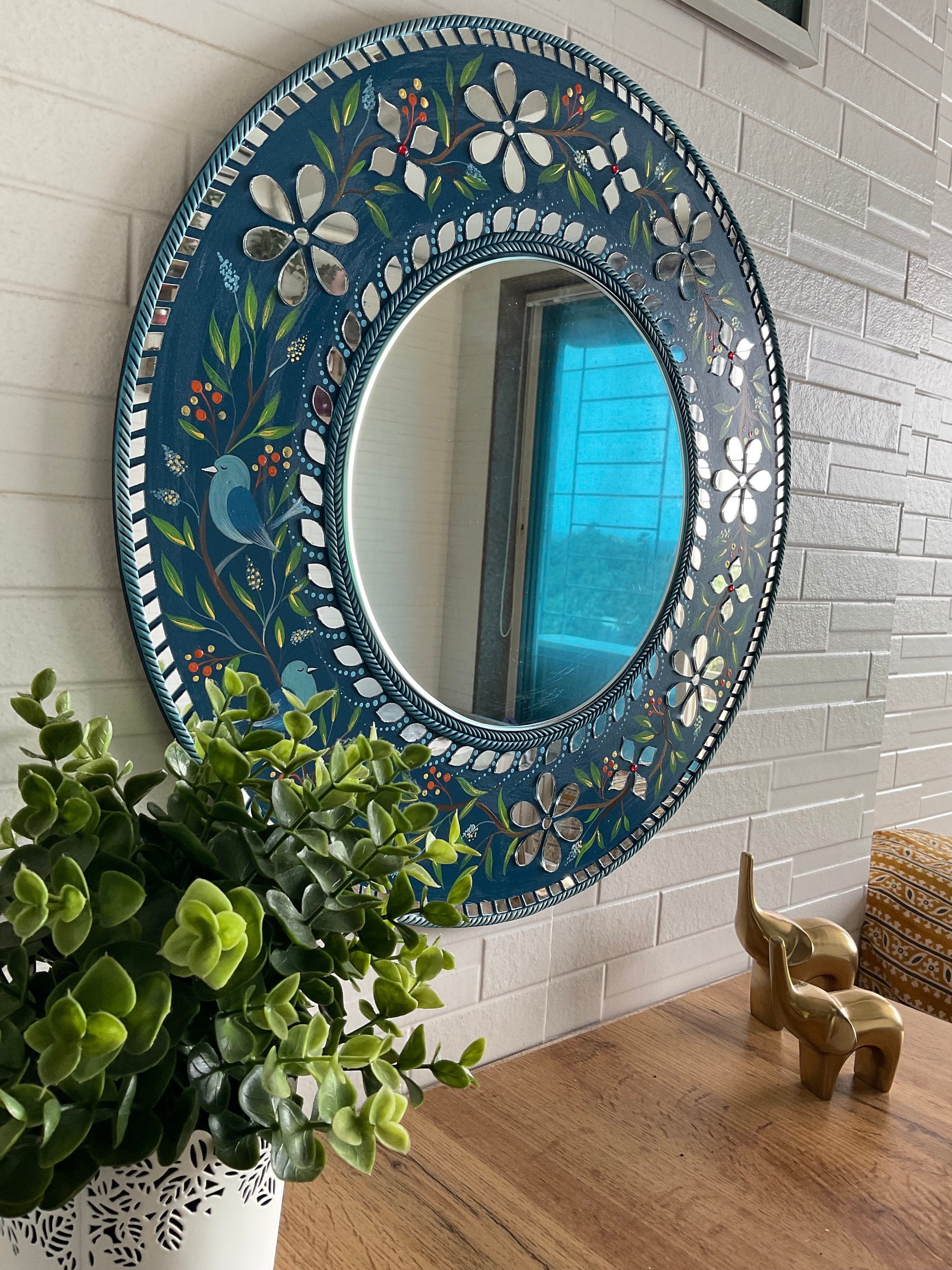 Decorative Round Mirror, Mirror Work, for Living Room, for Bathroom ...