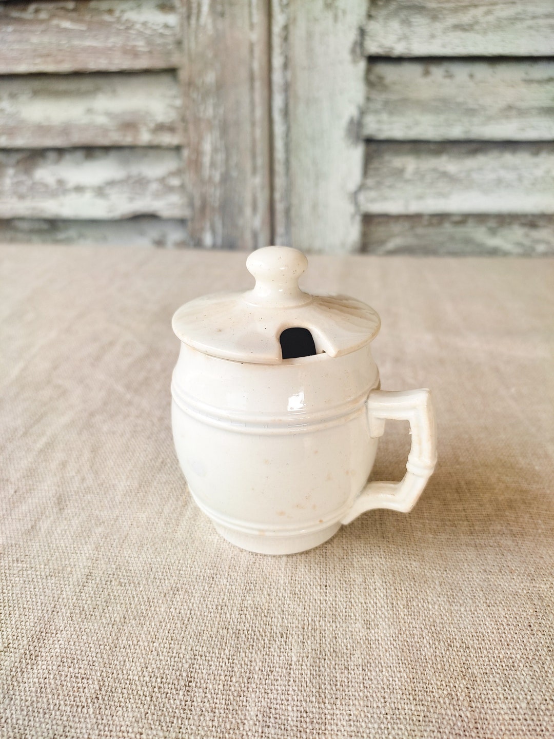 Antique Digoin and Sarreguemines Mustard Pot, Barrel Mustard Pot With ...