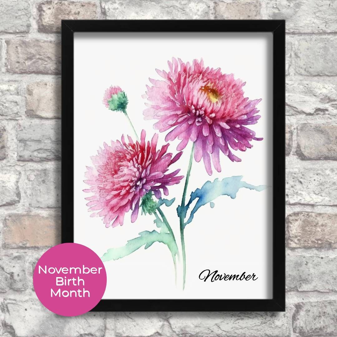 November Birth Month Flower Art, Watercolour Chrysanthemum Flower ...