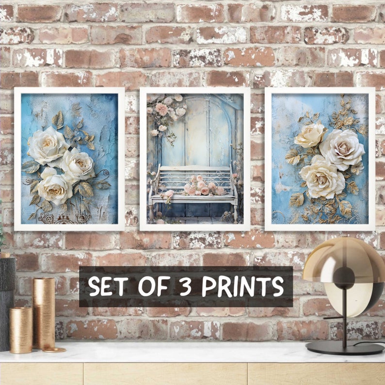 White and Blue Prints for Lounge, Shabby Chic Set of 3 Prints, Vintage ...