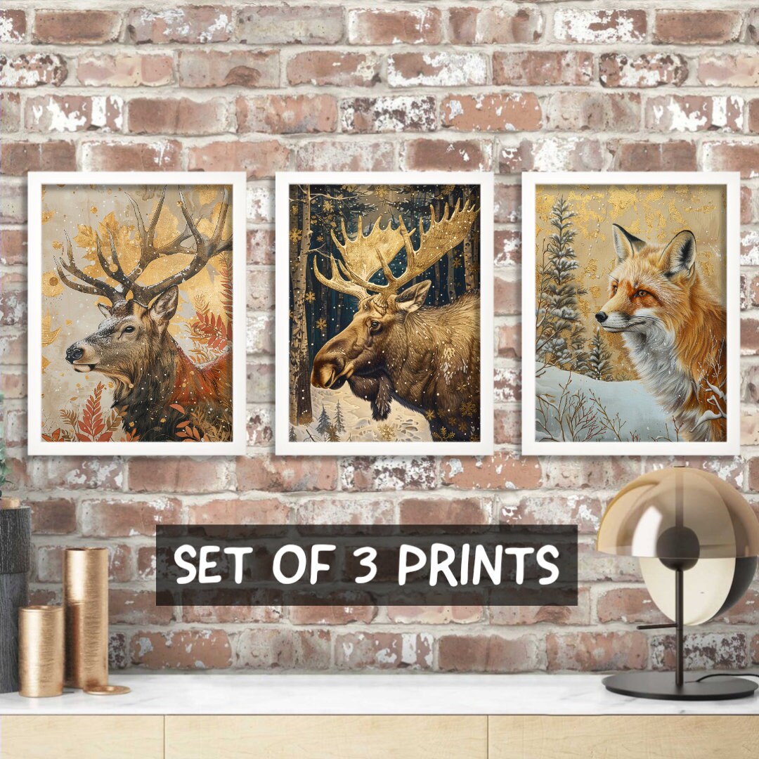 Enchanted Wildlife Art Set Moose, Fox, Stag Golden Forest Wall Prints ...