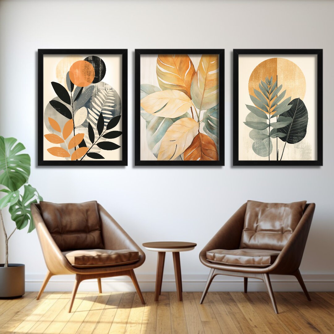 Botanical Wall Art, Set of 3 Prints, Scandi Leaves Poster, Terracotta ...