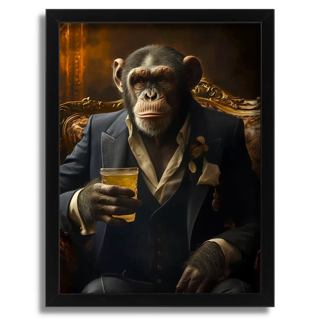 Retro Chimpanzee Portrait, Anthropomorphic Art Print, Vintage Animal ...